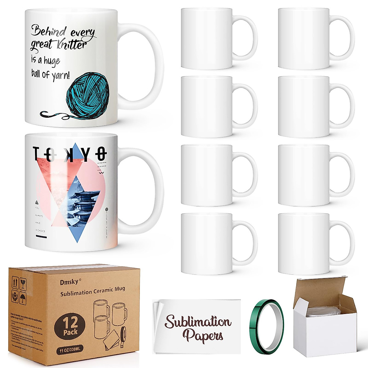 Dmsky Sublimation Coffee Mugs Tazas Para Sublimar 11 oz Blank Bulk Coffee Mug White Ceramic Photo Cups With Box, Heat Tape, sublimation paper Ideal for Crafts Printing Set of 12