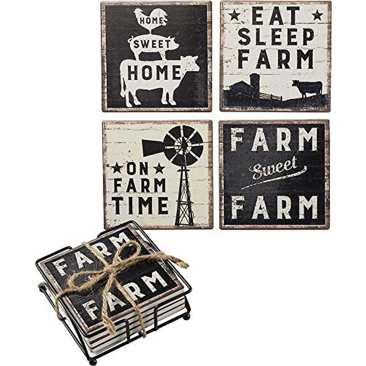 Primitives by Kathy 39412 Rustic Style Absorbent Stone Coasters, Set of 4, Farm-Sweet-Farm