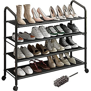 LEAIJIAFY Metal Shoe Rack Black with Wheels,4 Tier Sturdy Fabric Shelf Shoe Racks for Closet Entryway Garage, Rolling Small Shoe Rack Closet Organizer for Small Space,Wide Shoe Rack Stand,20 Pairs