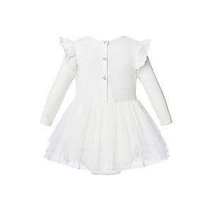 O2 BABY Organic Cotton Baby Girl Long Sleeve Ruffle Romper Tulle Dress Jumpsuit with Headband Outfit Set（0-3 Months, Ivory）