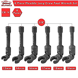 BILITOOLS Long Flex Head Crows Foot Line Wrench Set, 3/8" Drive Injector Fuel Line Crowfoot Flare Nut Socket Wrench Metric 12-19 mm