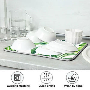 Tropical Palm Leaves Dish Drying Mat for Kitchen Counter Green Monstera Leaf Absorbent Microfiber Drying Pad, Medium 16x18 in, Reversible Drainer Mats