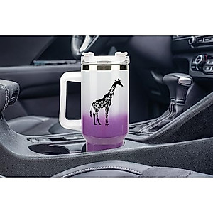 Elanze Designs Giraffe Growing Wildflower Animal Floral Motif 40 Oz. Stainless Steel Water Coffee Mug, Spill & Leak Resistant, Travel Tumbler with Handle, Lid & Straw, White & Purple