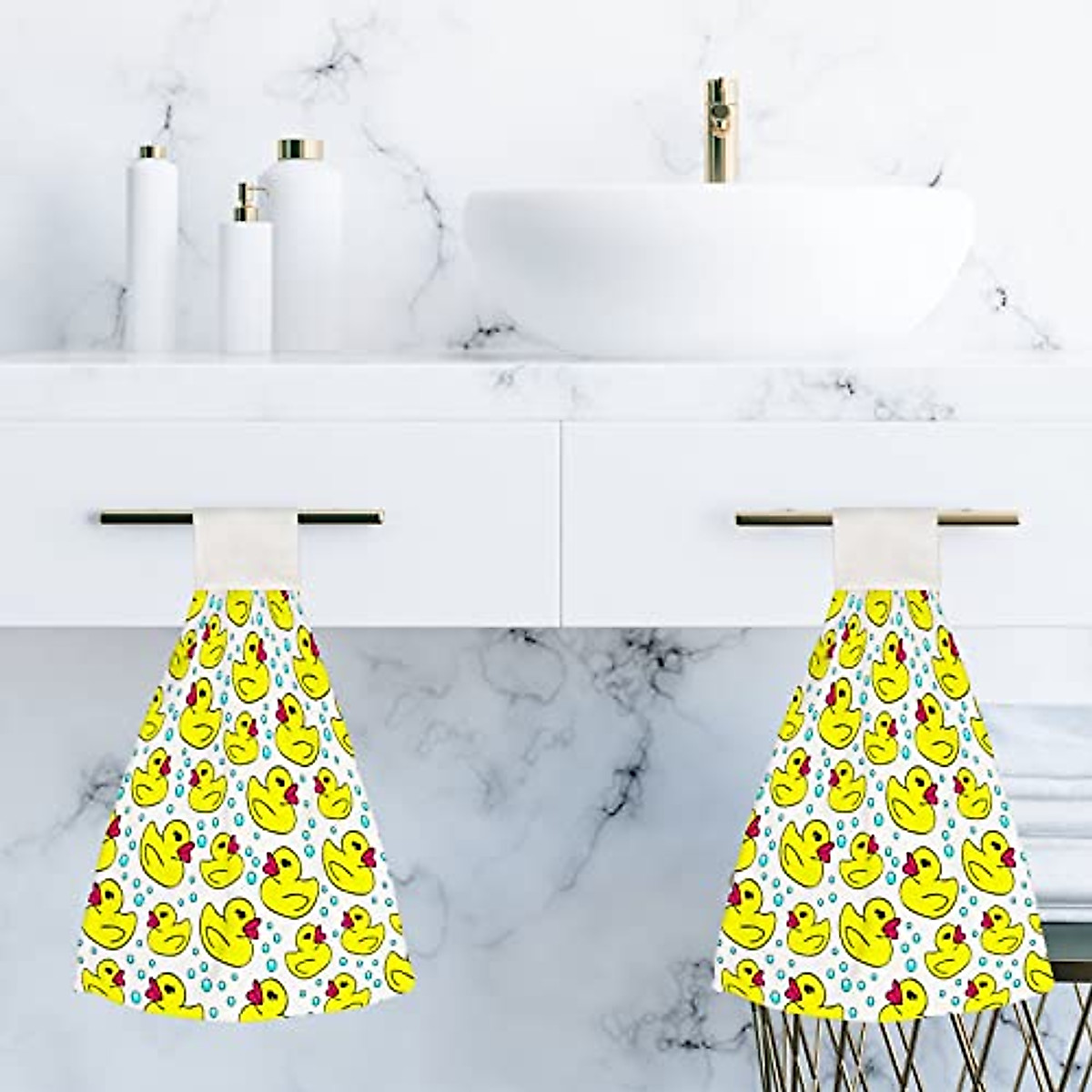 Kitchen Hanging Hand Towels Yellow Ducks Bubbles Children Bathroom Soft Hanging Tie Towel with Loop Super Absorbent Machine Washable,1 Piece