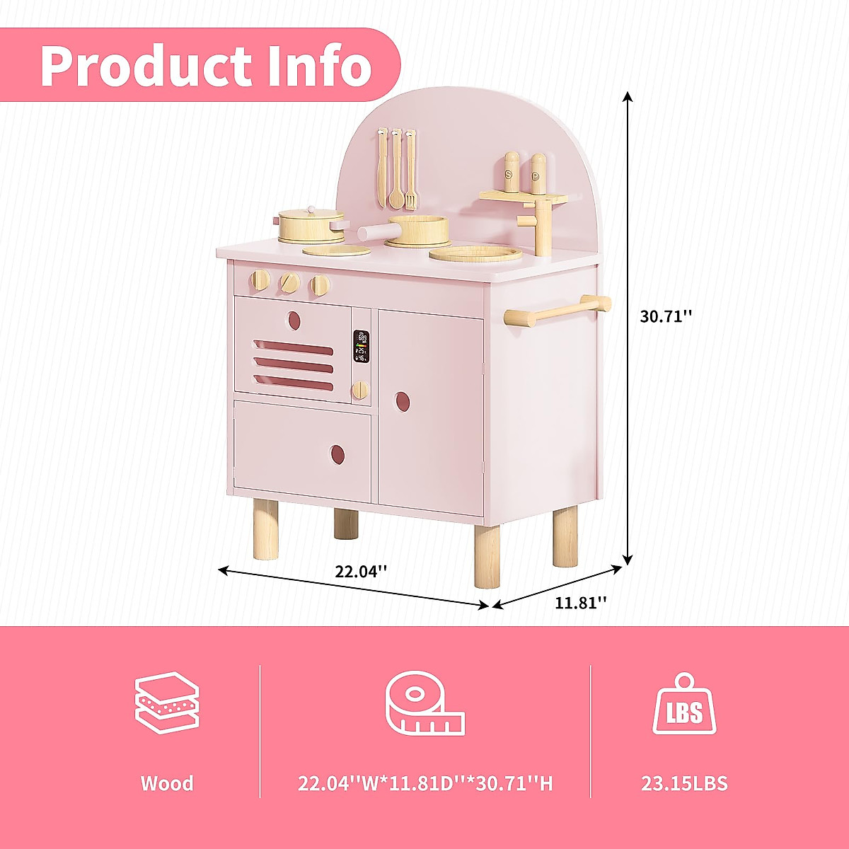 cuoote Play Kitchen Set for Kids Toddlers, Toddler Kitchen Set, Wooden Mini Pretend Kitchen playset for Boys and Girls, Toy Kitchen Gift for Girls and Boys, Gift for Ages 3+, Pink