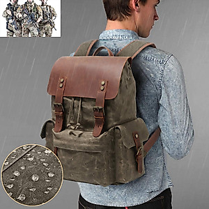 MUMAIS Military Style Waxed Canvas Backpack Laptop Genuine Leather(Oil Wax Waterproof) School Bag Vintage Computer Backpack For Men&Women,Professional Outdoor Hiking Travel Shoulder(Army Green)