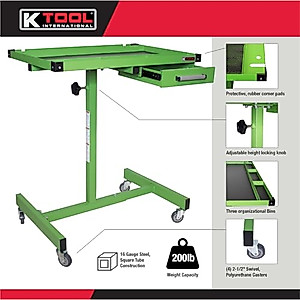 K Tool International 75108 Adjustable Tear Down Work Table with Drawer for Garages, Repair Shops, and DIY, Portable, (4) 2" Swivel Casters, 200 Pound Capacity, Rubber Corners, Heavy Duty Steel, Green