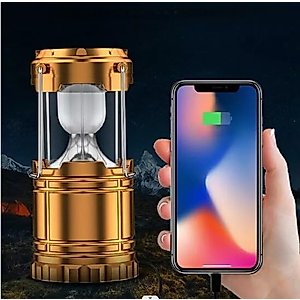 Collapsible Portable LED Camping Lantern by AlphaDesignLuxe| Lightweight Waterproof Solar USB Rechargeable Flashlight Survival Kits for Indoor Outdoor Home Emergency Light Power Outages Hiking (Gold)