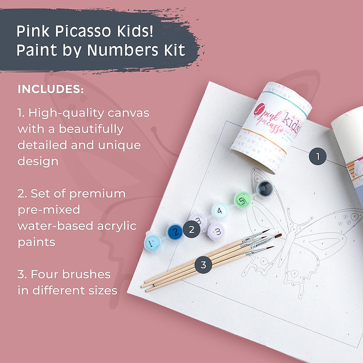 Pink Picasso Kits Paint by Number for Kids Ages 8-12 | DIY Beginner Kids Craft Kit Acrylic Paint Canvas Painting Art Kits & Wall Decor as Seen On Shark Tank | (Butterfly) 8x10-Paint Kit Set