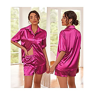 Ekouaer Silk Pajamas for Women Soft Button Up Pjs Plus Size Summer Shorts Set Short Sleeve Satin Casual Wear Rose,XL