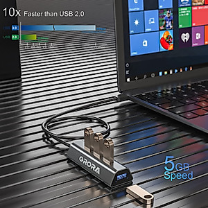 GRORA 4-Port USB Hub, Aluminum Alloy Data USB 3.0 hub with 2.5 ft Extended Cable and USB Adapter, Suitable for Mac Pro, iMac, PC, MacBook, laptops, iPad, PS4/5, Mobile HDD, Flash Drive, and More