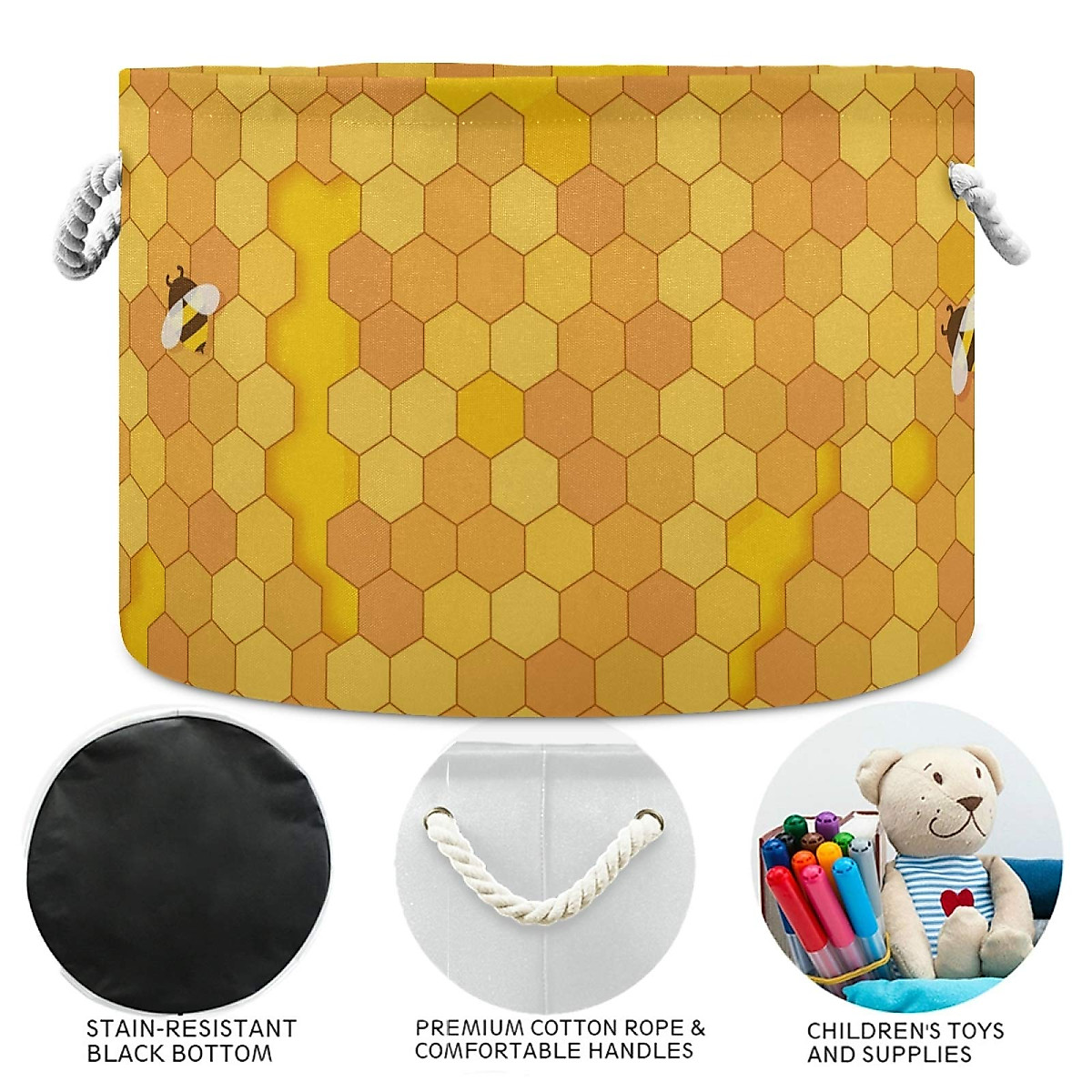 Large Round Storage Basket - Honey Bee Yellow Canvas Laundry Hamper Toy Storage Bin for Kid’s Living Room
