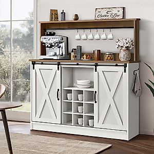 IMMERSTABLE Farmhouse Coffee Kitchen Bar Cabinet with Wine Racks, Coffee Station for Dining Room, White