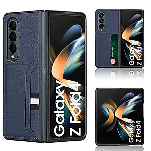 Asuwish Phone Case for Samsung Galaxy Z Fold 4 5G 2022 Cover with Credit Card Holder Slot and Slim Thin Rugged Hybrid Protective Leather Cell Accessories ZFold4 Z4 Fold4 4Z ZFold45G Women Men Blue