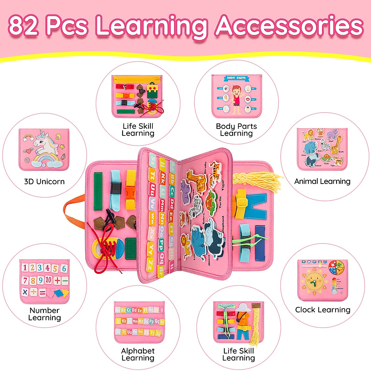 Montessori Toys - Busy Board - Sensory Toys for Toddlers 3-4, Toddler Travel Toys, Autism Educational Toys, Toddler Toys Age 3-6 Year Old Girls Boys Birthday (Pink)