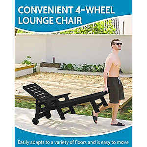 Serique Chaise Lounge Chair Outdoor with Wheels, Oversize Patio Lounge Chair with Wood Texture, 5-Position Plastic Lounge Chair for Poolside, Patio, Deck, Beach(Black)