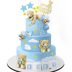 41 Pcs/Set Bear Cake Toppers Mini Bear Cake Decorations Cake Toppers Gold White Pearl Ball for Boy Girl Baby Shower Birthday Party Decorations(Blue, Brown, Cute Style)