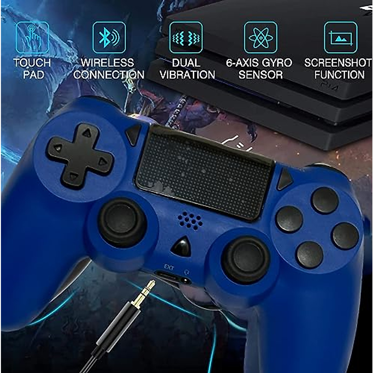 GameNext 【Blue, Upgraded Wireless P4 Remote Controller Compatible with PS-4/Slim/Pro with Dual Vibration/6-Axis Motion Sensor/Audio Replacement for PS-4 Controller