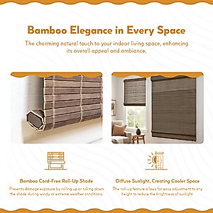 Radiance Cordless Bamboo Roman Shades for Windows - Flatstick Bamboo Blinds for Semi-Private Light Control - Easy to Lift & Fold Up Window Shades - Driftwood - 30 in. W X 64 in. L- (2216606E)