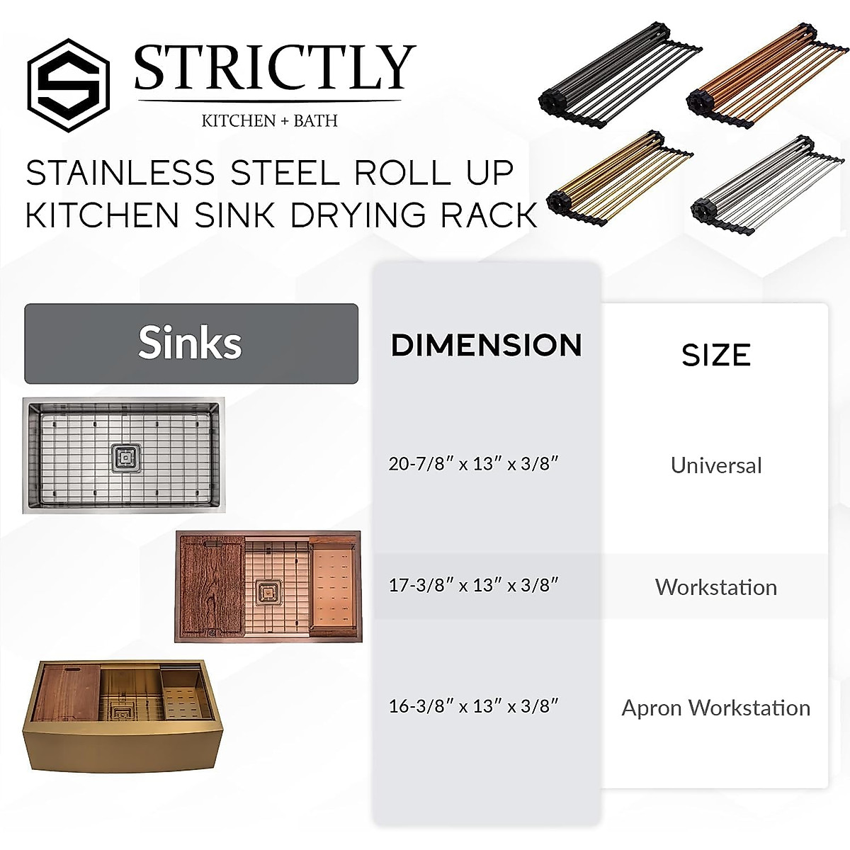 Strictly Sinks Stainless Steel Dish Drying Rack – Gold 21 X 13 Inches Roll Up Dish Drying Rack – Multipurpose Foldable Over The Sink Kitchen Drainer, Countertop Cooling Rack