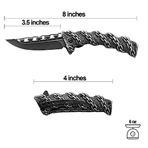iWrot Chain Pocket Knife for Men, 3.5 inch Flipper Folding Knives with Assisted Opening,Black Cool knives with 3D Pattern Steel Handle,Personalized Pocket Knives for EDC,Knife Gifts For Men