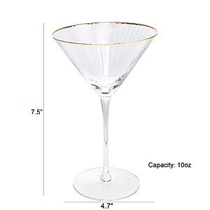 Hand Blown Gold Rim Martini Glasses - Set of 4-10 oz, 24K Gilded Classic Vintage Glasses For Martinis, Cocktails, Champagne, Water & Wine - Classic Coupes Gilded Rimed, Crystal Coupe with Stems
