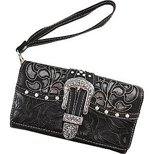 Justin West Laser Cut Rhinestone Silver Buckle Studded Cross Shape Design Wristlet Trifold Wallet Attachable Long Strap (Black Silver)