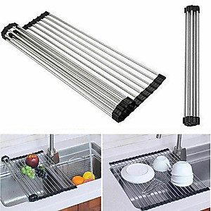 18x15 Roll up Sink Drying Rack Over The Sink Multipurpose roll-up Dish Drying Rack Kitchen Stainless Steel Sink Drain Rack Roll Up Dish Rack Food Drying Mat roll-up Dish Drying Rack