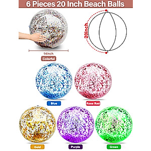 TURNMEON 6 Pack Sequins Beach Ball 20 Inch Jumbo Pool Toys Balls Giant Confetti Glitters Inflatable Clear Beach Ball Swimming Pool Water Beach Toys Outdoor Summer Party Favors for Kids Adults