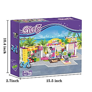 BRICK STORY Girls Friends Supermarket Building Set 376 PCS, Seaside Grocery Store Flower Shop Building Kit, Beach Shopping Mall Toy Educational Building Blocks Gift for Kids Ages 6-12
