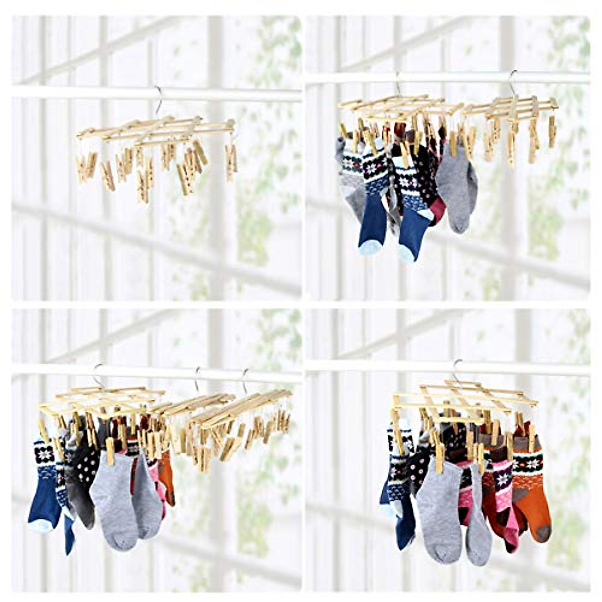 Cabilock Foldable Clip Hangers with Drying Clips Wood Underwear Hanger with 16pcs Clips Wooden Laundry Clip and Drip Drying Hanger for Socks Bras Lingerie Clothes Drying Rack 2pcs