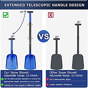 43" Aluminum Snow Shovel for Car Trunk, 4 Sections Collapsible Design Garden/Sport Utility Shovel Portable Snow Scoop Sand Mud Snow Removal Tool for Camping & Outdoor Activities (Blue)