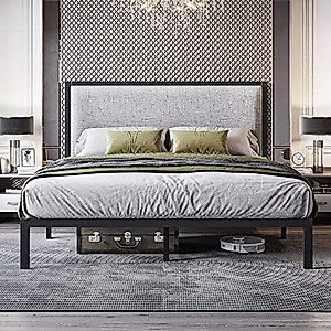 Allewie Queen Size Platform Bed Frame with Upholstered Headboard, Metal Structure, Wood Slat Support, Mattress Foundation - No Box Spring Needed - Grey