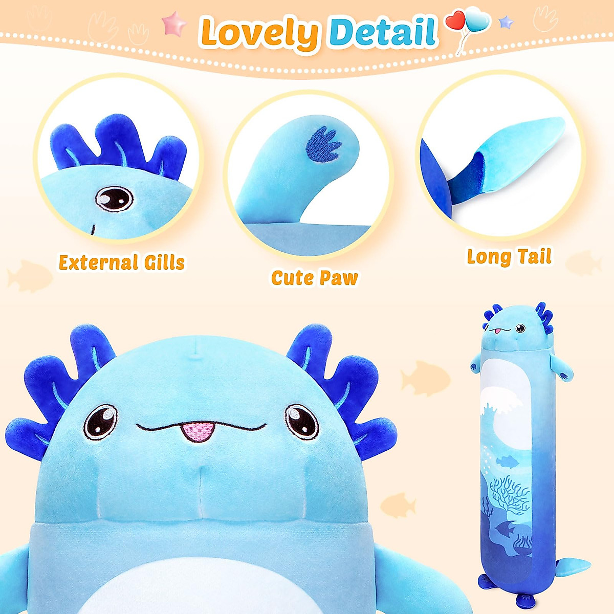 KMUYSL Axolotl Long Plush Pillow, 28" Soft Stuffed Animal Plush, Cute Plush Pillow, Kawaii Stuffed Plushies Dolls for Girls Kids, Chrismas Birthday Gift, Blue (Blue-28Inch)