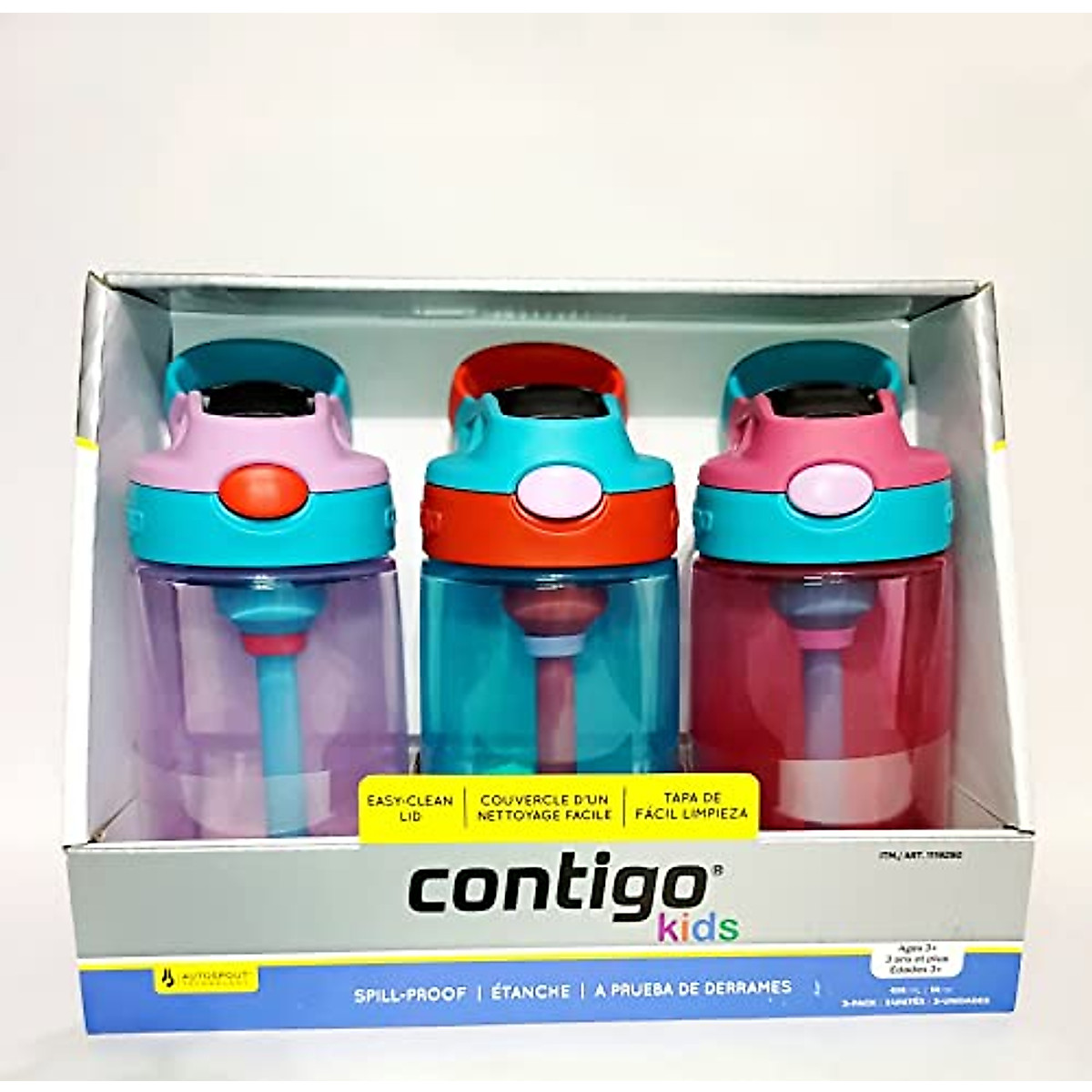Contigo Kids Water Bottle, 14 oz with Autospout Technology – Spill Proof, Easy-Clean Lid Design – Ages 3 Plus, Top Rack Dishwasher Safe, 3-Pack, Purple/Blue/Pink