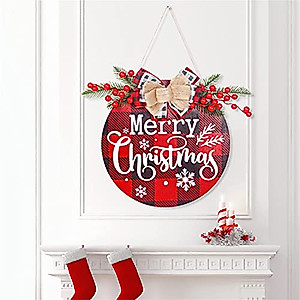 Boltigen Merry Christmas Decorations Sign Front Door Round Wooden Wreath Christmas Hanging Sign Decor for Christmas Home Window Wall Farmhouse Indoor Outdoor Decorations (Style 1)