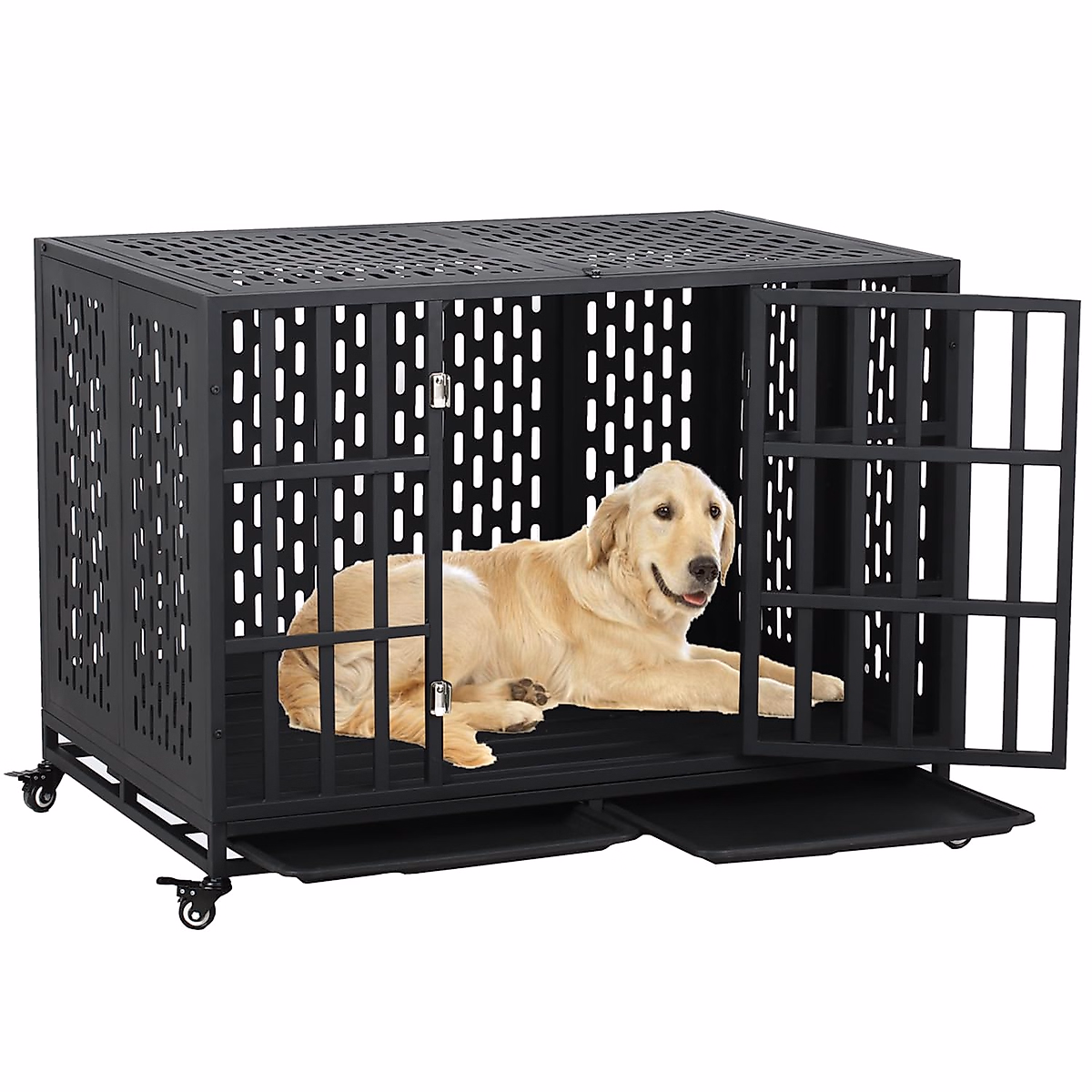Heavy Duty Dog Crate, 44" Indestructible Metal Dog Kennel, Indestructible Pet Cage for High Anxiety Large Dogs with Sturdy Door Lock and Removable Trays