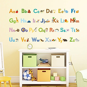 DECOWALL DS8-1608 Watercolour Animal Alphabet ABC Kids Wall Stickers Decals Peel and Stick Removable for Nursery Bedroom Living Room Art murals Decorations