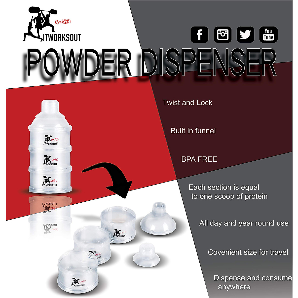 ITWORKSOUT Supplement Powder Dispenser,Protein Powder dispenser,Vitamins container,Travel friendly,Multi-Purpose,supplement Storage Container,BPA Free,3 Compartments,Transparent,funnel dispenser