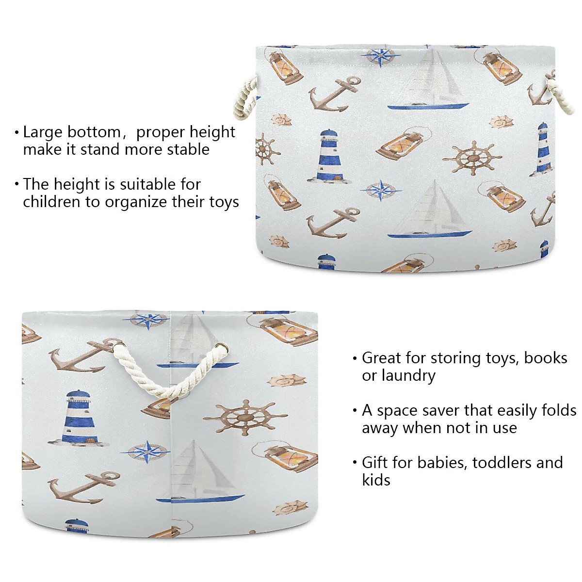 Kigai Watercolor Nautical Pattern Large Round Storage Basket with Handle, Collapsible Decorative Laundry Baskets for Blanket, Cotton Rope Organizer Toys Towels Nursery Hamper Bin, 20" x 14"