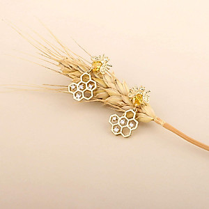 Emibele Dangle Earrings, 925 Sterling Silver Needle Cubic Zirconia Brass Small Bee & Honeycomb Drop Earrings for Women Ladies Adult Fashion Jewelry Accessories - Champagne Gold