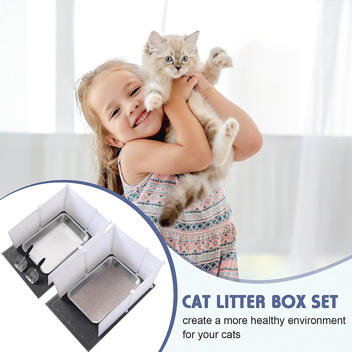 Tioncy 2 Set Stainless Steel Cats Litter Box Extra Large Metal with 2 Scoop, 12 Splash Guard and 2 Mat, Never Absorbs Odor, Easy Clean, 23.6 x 15.7 x 5.9 Inches