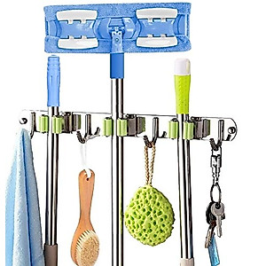 Fine Most Mop and Broom Holder Wall Mounted Storage Organizer Broom Holder Stainless Steel Mop Holder Utility Tool Organizers with 3 Position 4 Hooks for Laundry Room Garden Garage Closet Kitchen