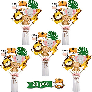 Blulu Jungle Animal Party Decorations - Centerpiece Sticks Animals Cutouts for Baby Shower or Birthday Party - Table Toppers, 28 Pieces