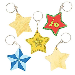 Baker Ross Wooden AV609 Star Keyrings-Pack of 8, Assemble and Attach to Key Rings and Bags, Kids Craft Kit, 6cm