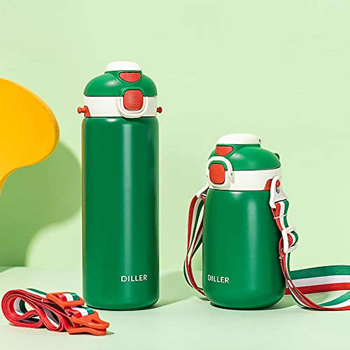 Qengyeen Kids Parent-child Thermos Water Bottle Stainless Steel Metal Insulated Water Bottles with Straw and Strap for Girls Boys for School Gifts,14 ounce 24ounce,green