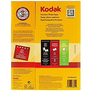 Kodak Premium Photo Paper for inkjet printers, Gloss Finish, 8.5 mil thickness, 50 Sheets, 8.5” x 11” (8360513),White