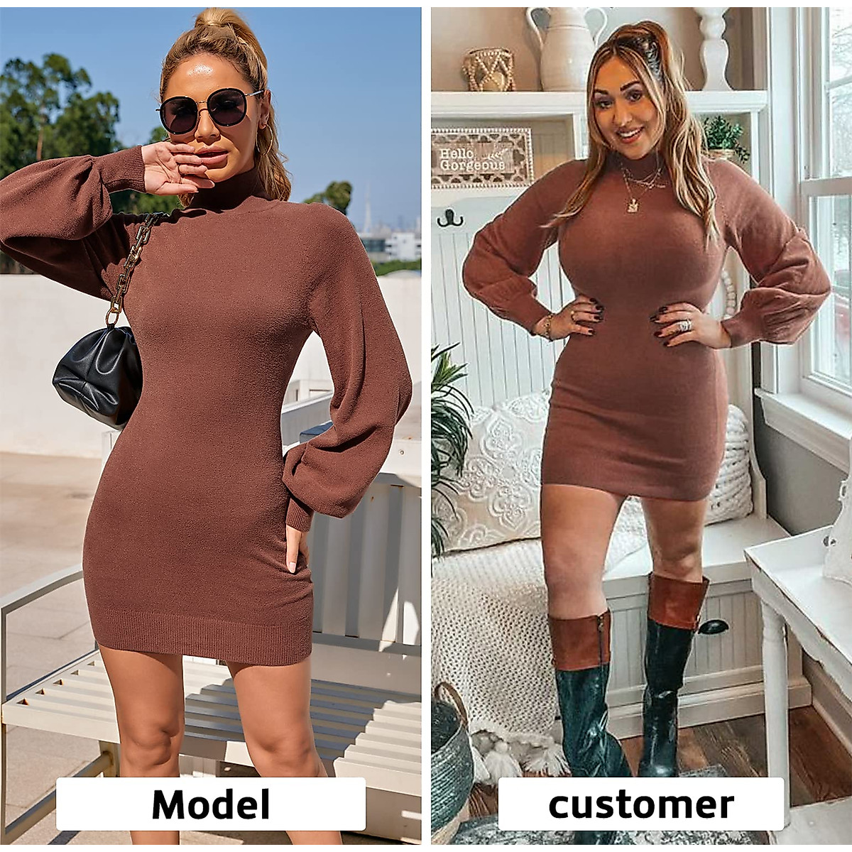 EXLURA Womens Mock Neck Puff Long Sleeve Bodycon Pullover Cute Mini Sweater Dress Caramel