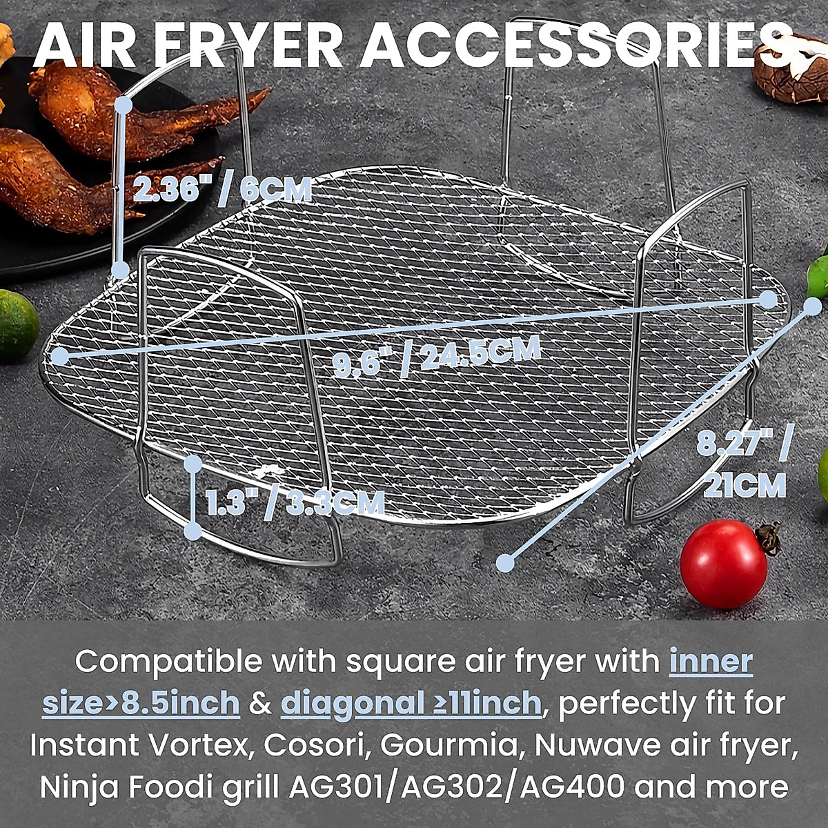 8 inch Square Air Fryer Rack with Food Tong & Oil Brush, Lancisism Stainless Steel Dehydrator Rack Square Air Fryer Accessories for Air Fryers-8.27×8.27×3.6inch
