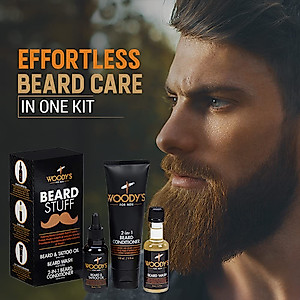 Woody's Beard Stuff 3 Piece Kit, Beard & Tattoo Oil, Wash, 2 in 1 Facial Hair Conditioner, Cleanse, Moisturize, and Style